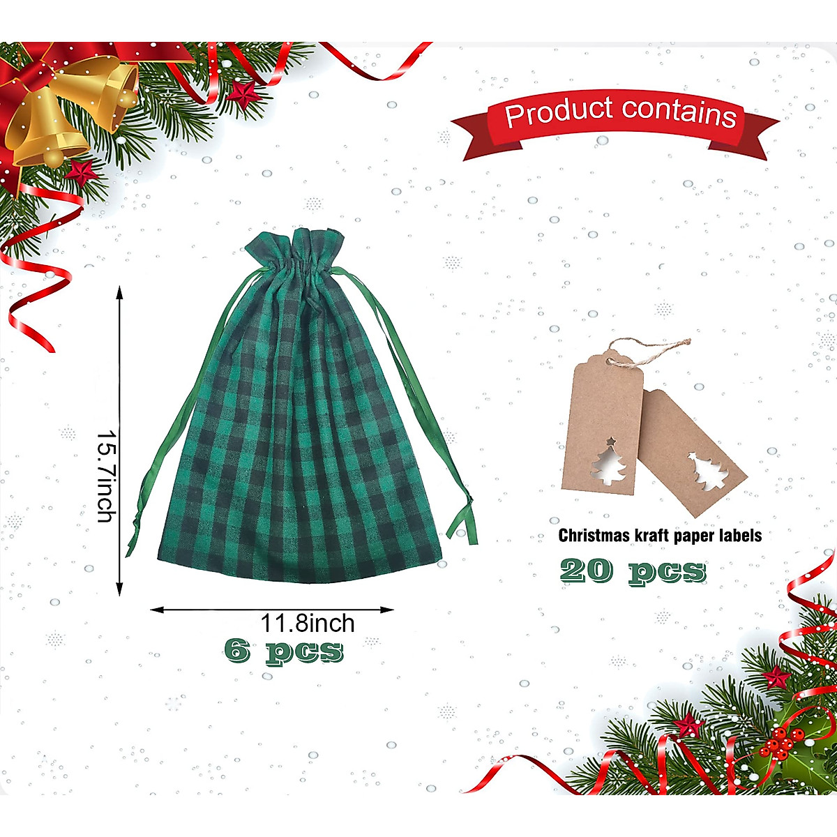 Eylola 6 Pieces 11.8 x 15.7 inch Christmas Buffalo Plaid Drawstring Bag Cotton Xmas Bag Plaid Present Bag Christmas Santa Sack Xmas Stocking Bag Party Supplies (Green and Black)