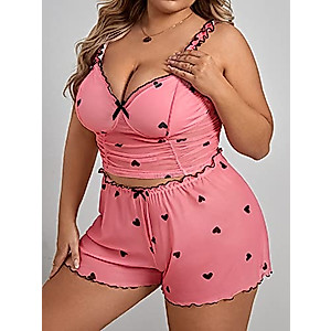 WDIRARA Women's Plus Size Sleepwear Heart Print Ruched Lettuce Trim Cami Top and Shorts Pajama Set Watermelon Pink 3XL