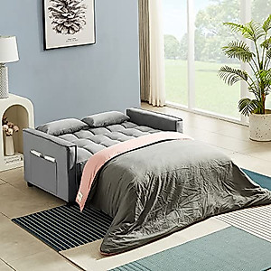 Sleeper Sofa Couch w/Pull Out Bed, 55" Modern Velvet Convertible Sleeper Sofa Bed, Small Love seat Sofa Bed with 2 Pillows & Detachable Side Pockets for Small Space, Living Room, Apartment, Grey