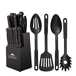 GINSU Kiso® Dishwasher Safe and Always Sharp, 18 Piece Black Knife Set with Black Block