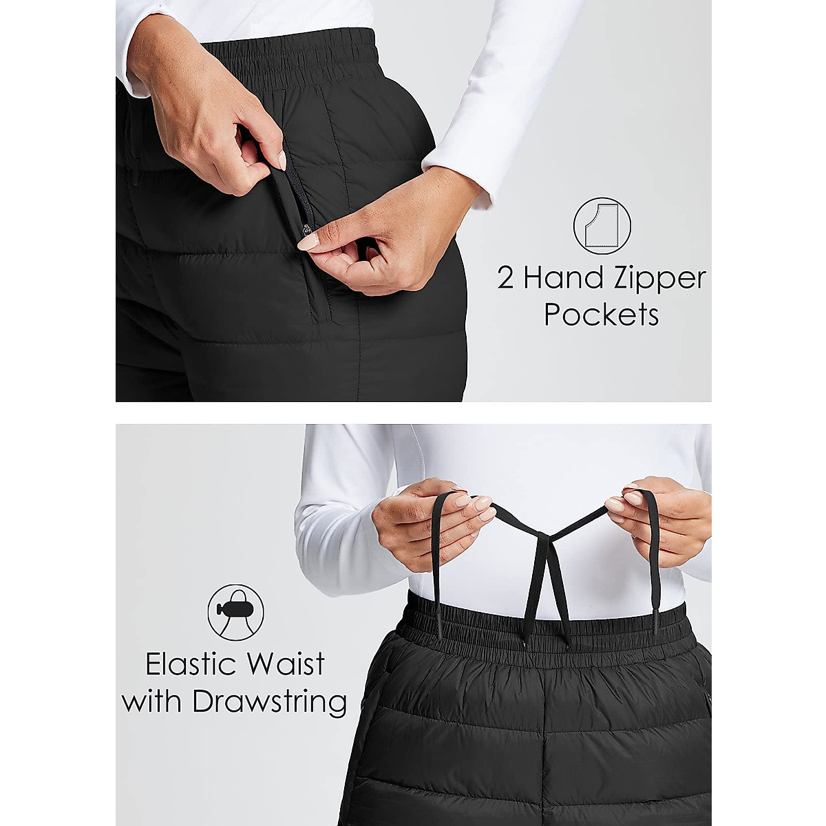 BALEAF Women's Down Pants Winter Ultralight Water Resistance Ski Snow Puffer Pants Packable Warm Trousers Black Medium