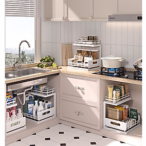 Biboraya 2 Pack Under Sink Organizers And Storage Height Adjustable,2-Tier Under Cabinet Pull Out Shelf,Multi-Use Slide Out Drawer For Kitchen Bathroom Laundry Room-White(Patent Pending)