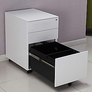 Danxee Fully Assembled Modern Design 3 Drawers Metal Mobile File Cabinet for Legal/Letter Size with Lock Key on Wheels for Home Office (White)