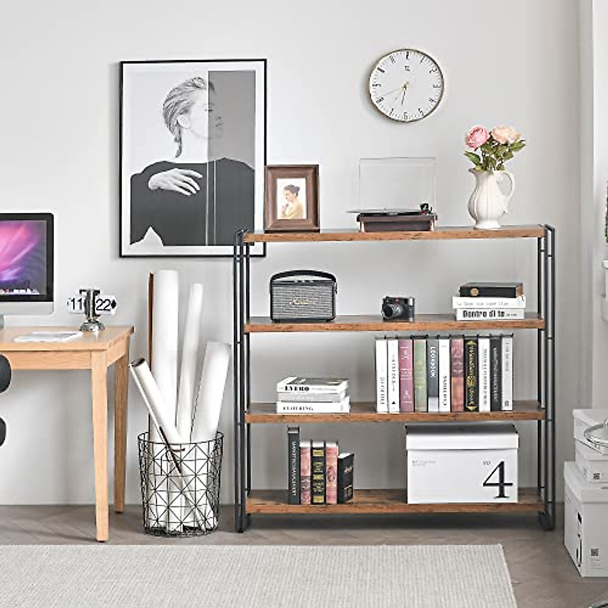 Bookshelf,4-Tier Industrial Bookcase,Rustic Wood and Metal Open Display Book Shelves Home Office,Bedroom Standing Shelf Unit,Horizontal Kitchen Shelf Organizer,Bathroom Storage Rack Mid Century 47in