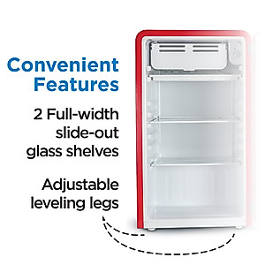 Commercial Cool CCRR32HR 3.2 Cu. Ft Freezer, Vintage Style Refrigerator, with Slide-Out Glass Shelves & Tall Bottle Storage, Retro Fridge, Red