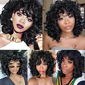 ELIM Curly Wigs for Black Women Short Kinky Curly Black Wigs for Women Big Curly Afro Soft Wig with Bangs Heat Resistant Natural Cute Synthetic Wig with Accessories Z014
