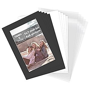 AUEAR, 5 Pack Black 5X7 Bevel Cut White Core Picture Mat for 4X6 Photo/Print/Artworks - 5 Pre-Cut Acid Free Picture Frame Mat + 5 Backing Board + 5 Clear Bag