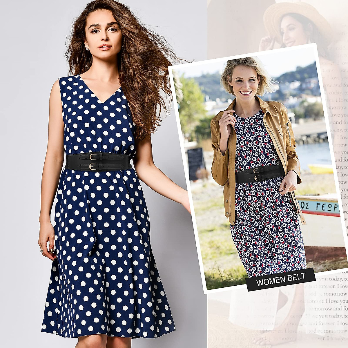 AWAYTR Double Buckle Women's Elastic Belt - Ladies Stretchy Wide Belts for Dresses, Leather Waist Belts for Women Jeans（Black 31-33.5"）