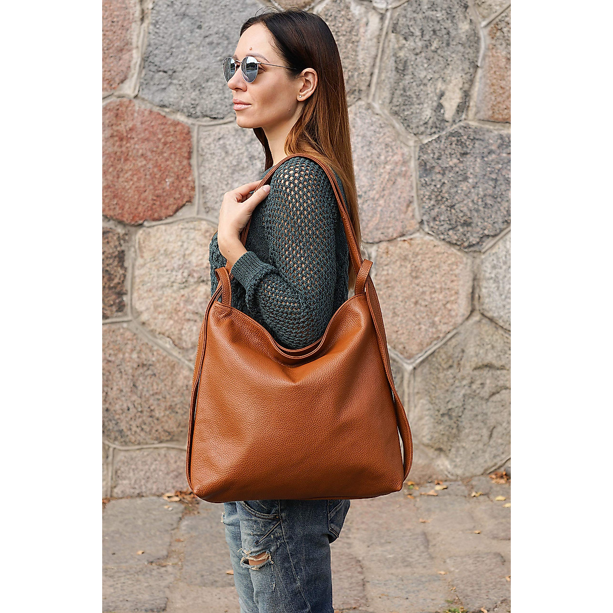 TimeStoryBag Women Leather Backpack/Purse- Handmade Convertible Hobo Shoulder Bag from Genuine Leather Cognac