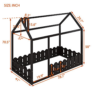 MERITLINE Twin Size House Bed for Kids Wood Playhouse Bed Frame with Rails, Montessori Floor Beds with Roof for Baby Girls Boys Teens (Espresso)