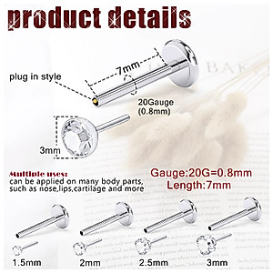 Prjndjw 18G 20G Push in Threadless Nose Rings Stud Earrings Hypoallergenic Flat Back Surgical Stainless Steel Cubic Zircon Helix/Cartilage/Tragus/Lobe Earrings Lip Labret Snake Bite Jewelry