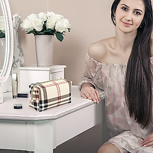 MAANGE Small Makeup Bag for Purse, 2 PCS Cosmetic Bag for Women Travel Makeup Pouch Leather Make up Bag Portable Zipper Pouch Makeup Brushes Bag - khaki plaid