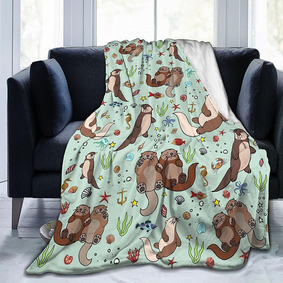 Sea Otters Blanket Super Soft Warm Flannel Otters Throw Blankets Bedding Gifts for Kids Girls Boys Adults 50"x40"