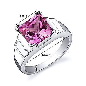 PEORA Created Pink Sapphire Engagement Ring in Sterling Silver, Tiered Solitaire, 3.25 Carats Princess Cut, 8mm, Comfort Fit, Size 7