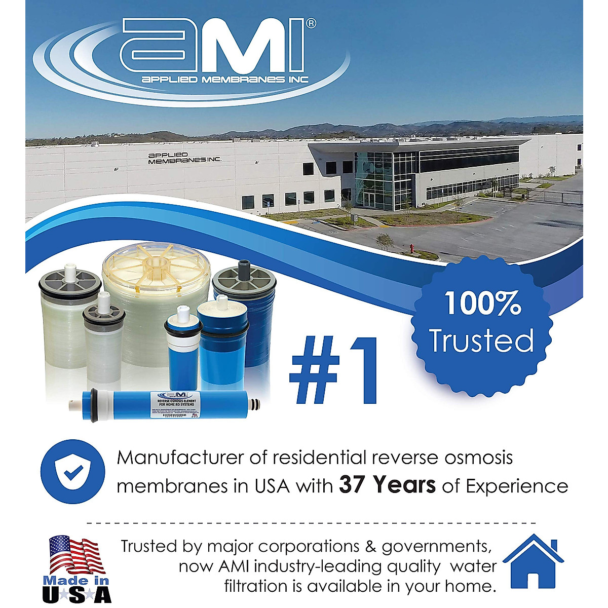 APPLIED MEMBRANES INC. 75 GPD Reverse Osmosis Membrane | RO Membrane Water Filter Replacement for Reverse Osmosis Water Filtration System | 1.8” x 12” Universal Compatibility | Made in USA