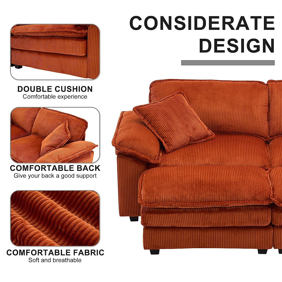 84.6'' Modular Sectional Sofa Cloud Couch for Living Room, Modern Corduroy Double Layer Upholstered Loveseat Sofa, Comfy Sleeper Sofa with Ottoman, 2 Pillows and Detachable Armrest, Orange