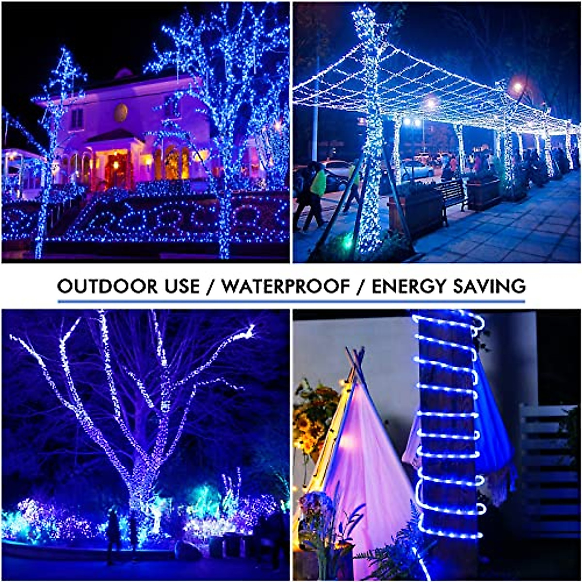 ICRGB Solar Rope Lights, 66FT 200 LED Outdoor String Lights, Blue Fairy Lights with Remote, 8 Modes, Timing Function, IP67 Waterproof, Outdoor Garden Patio Decorative,for Christmas Wedding Party