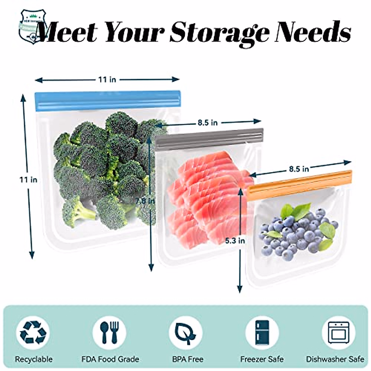 COKMART 9PCS Dishwasher Safe Silicone Bags for Food Storage,BPA Free Kitchen Bags Leakproof Freezer Reusable Bags 2 Reusable Gallon Bags/4 Sandwich Bags/3 Snack Bags for Lunch/Travel/Home