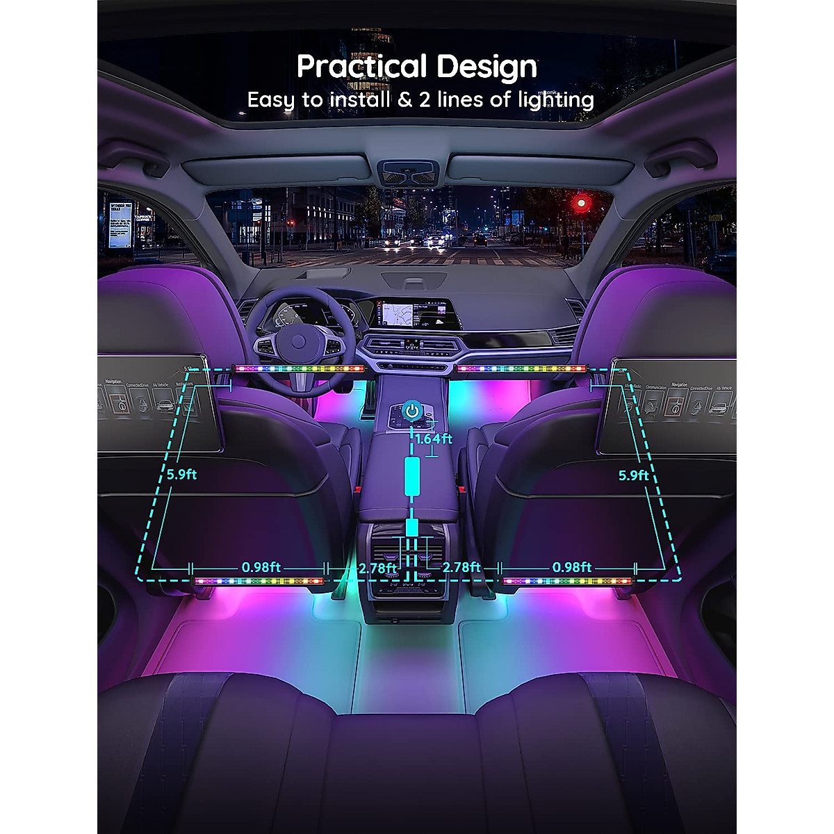 Govee Smart Car LED Strip Lights, RGBIC Interior Car Lights with 4 Music Modes, 30 Scene Options and 16 Million Colors, APP Control 2 Lines Design LED Car Lights for SUVs, DC 12V