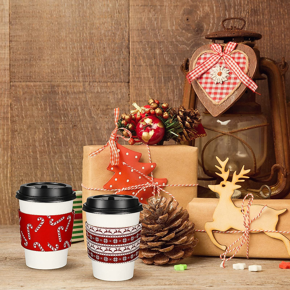 60 Pieces Christmas Coffee Cup Sleeves Red Double Layer Paper Sleeves Fits 12 and 16 oz Disposable Santa Cup Jacket for Christmas Hot Chocolate, Coffee, Cocoa, Tea or Cold Beverage, 6 Designs