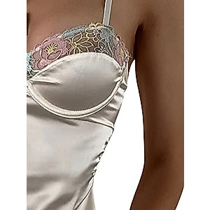 SweatyRocks Women's Lingerie Lace Trim Satin Silk Nightgown Sleepwear Dress White S