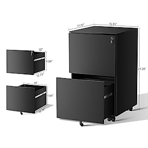 Warmiehomy Metal Mobile File Cabinets for Home Office 2 Drawer Filing Cabinet with Lock Rolling Office File Cabinet fits A4/Letter/Legal Size Fully Assembled (Black)