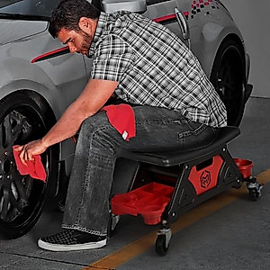 M-AUTO Rolling Mechanic Stool Garage Roller Chair Creeper Seat w/Storage Tool Tray and Drawers,300LBS Capacity Workbench Stool with Lockable Rollers for Home Garage DIY Automotive, 25" Red