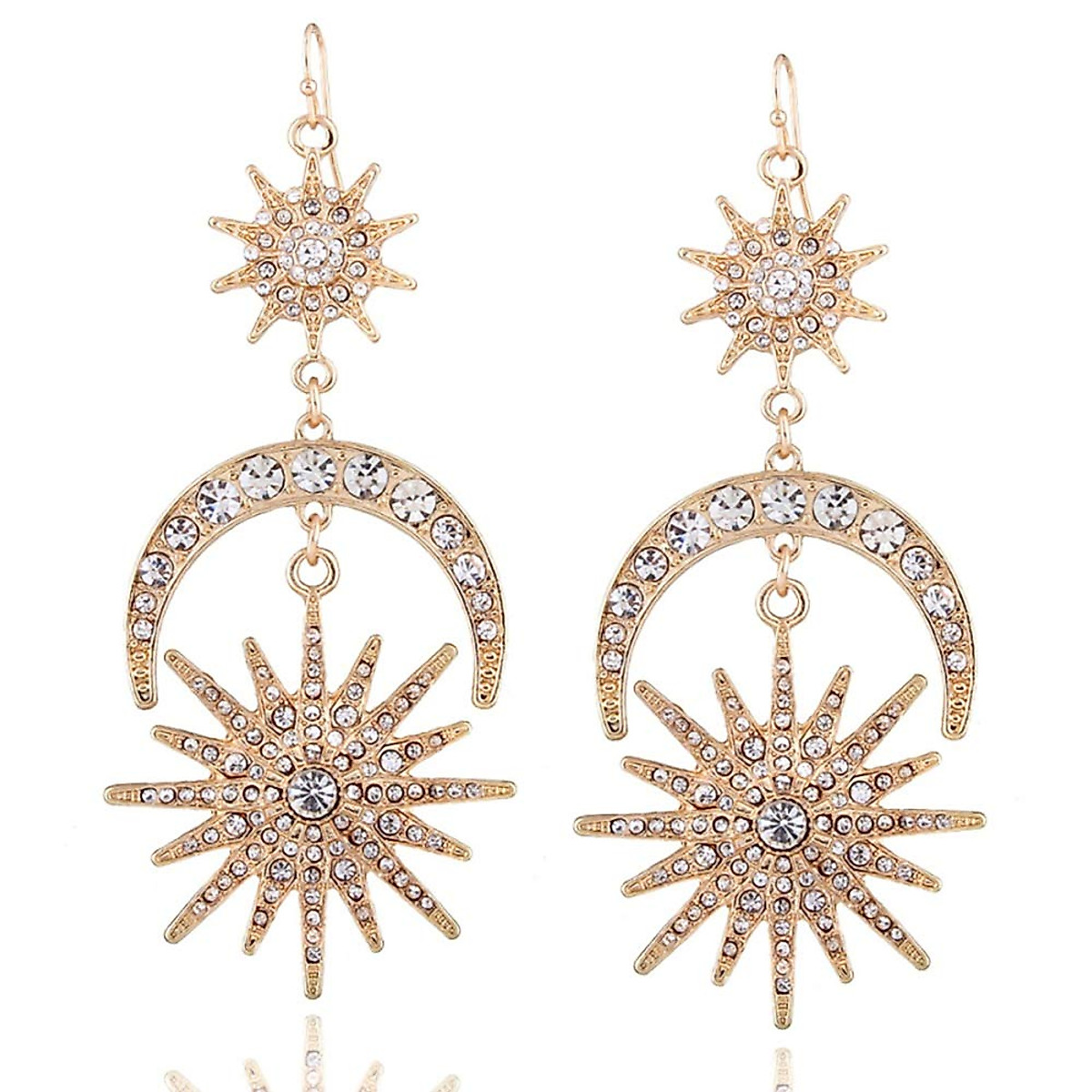 Exaggerated Luxury Sun Moon Stars Drop Earrings Rhinestone Punk Earrings for Women Jewelry Golden Boho Vintage Statement Earrings