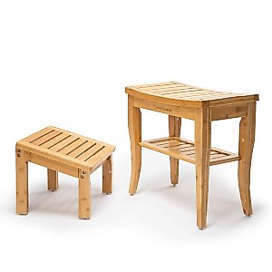 OasisSpace Bamboo Shower Bench with Underneath Storage Shelf, Wood Spa Bath Organizer Seat with Foot Stool, Perfect for Indoor or Outdoor