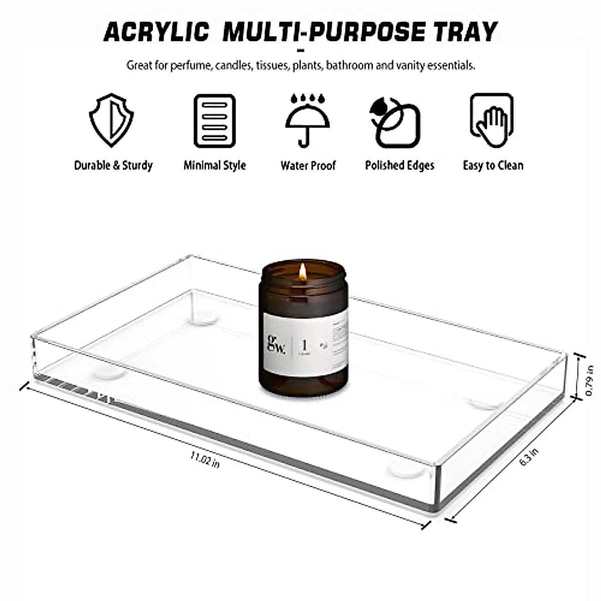 HeyMoonTong Vanity Bathroom Tray for Counter - Large Clear Acrylic Versatile Organizer for Toiletries, Cosmetics, Perfume, Candle, Tissues and Other Small Items