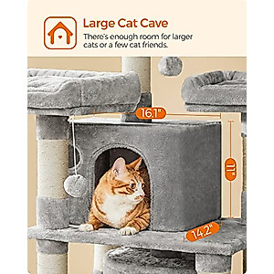 FEANDREA 67-Inch Multi-Level Cat Tree for Large Cats, with Cozy Perches, Stable, Light Gray UPCT18W