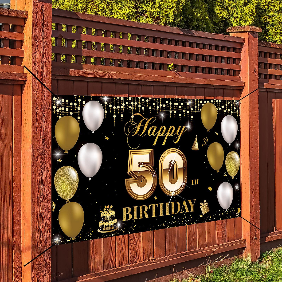 HTDZZI 50th Birthday Banner Backdrop, Happy 50th Birthday Decoration Men Women, 50 Year Old Birthday Party Yard Sign Black Gold, 50th Birthday Photo Booth Props Decor, Fabric, 6.1ft x 3.6ft