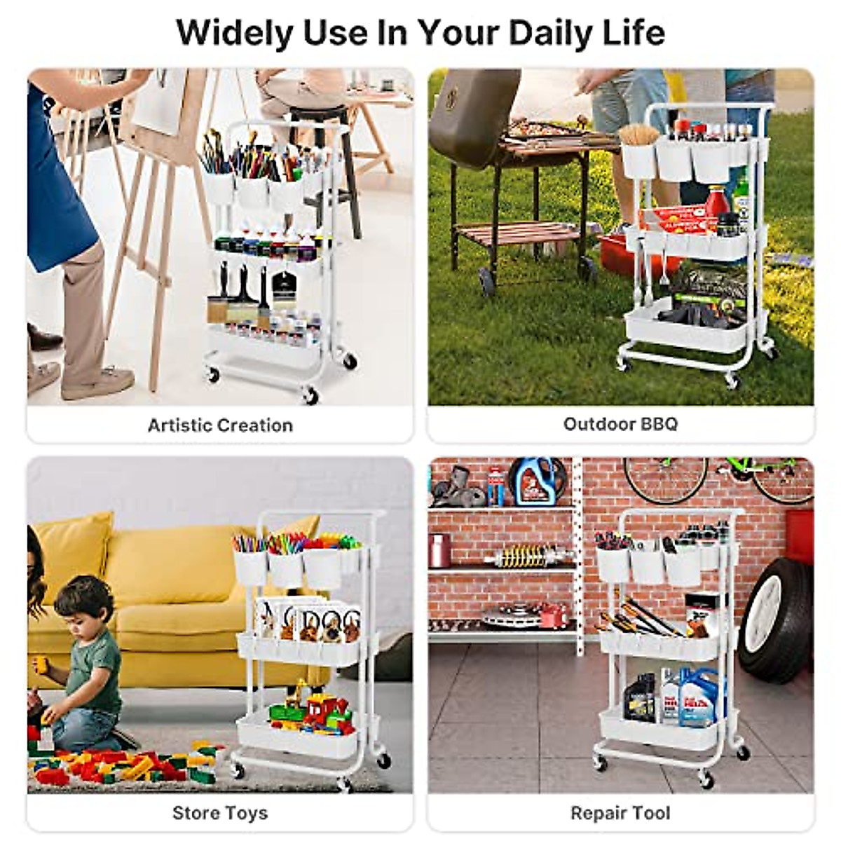 E&D FURNITURE 3 Tier Rolling Storage Cart with Wheels, Utility Art Craft Supply Cart Organizer on Wheels, Multipurpose Adjustable Makeup Cart Hair Salon Trolley with Handle & Hanging Cups