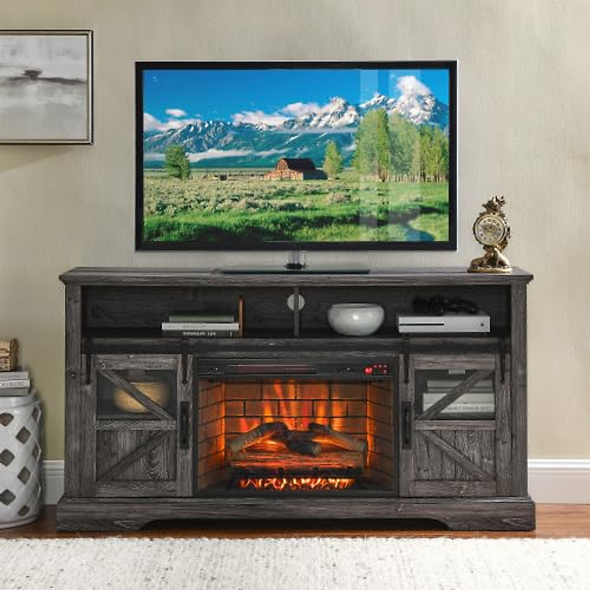 Electric Fireplace 60 Inch Electric Fireplace with Door Sensor Entertainment Center - Dark Country Oak
