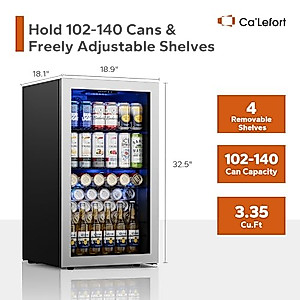 Ca'Lefort Beverage Refrigerator Cooler - 140 Can Small Beverage Fridge, Beverage Fridge with Glass Door for Beer Soda, Under Counter Freestanding Beverage Cooler for Home/Kitchen