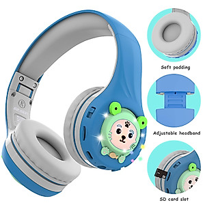 Riwbox FB-7S Frog Kids Headphones Bluetooth, LED Light Up Bluetooth Headphones Over Ear Volume Limited Safe 75/85/95dB with Mic and TF-Card, Children Headphones for School/PC (Blue&Grey)