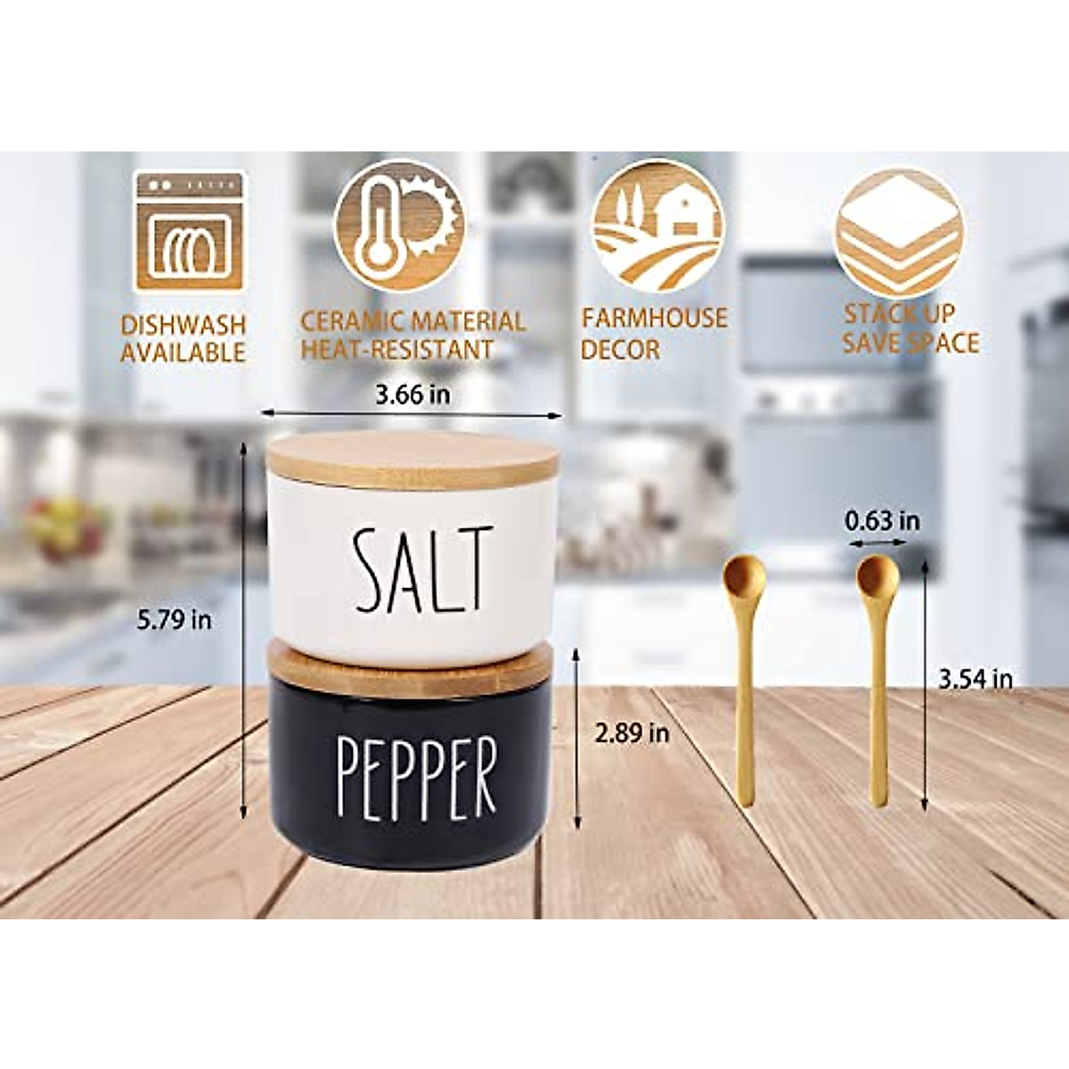 VICUKIE Farmhouse Salt And Pepper Bowls,Stacked Ceramic Salt Cellar With Bamboo Lid, Salt Container With Lid And Spoon, Modern Farmhouse Kitchen Decor, Salt Box, Spice Box(BLACK AND WHITE)