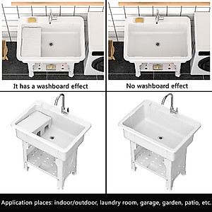 Freestanding Plastic Laundry Sink with Washboard, W31" x D22" x H31.5" Indoor and Outdoor Utility Sink with Cold and Hot Water Faucet, Hoses and Drain Kit for Laundry Room, Garage, Basement, Garden