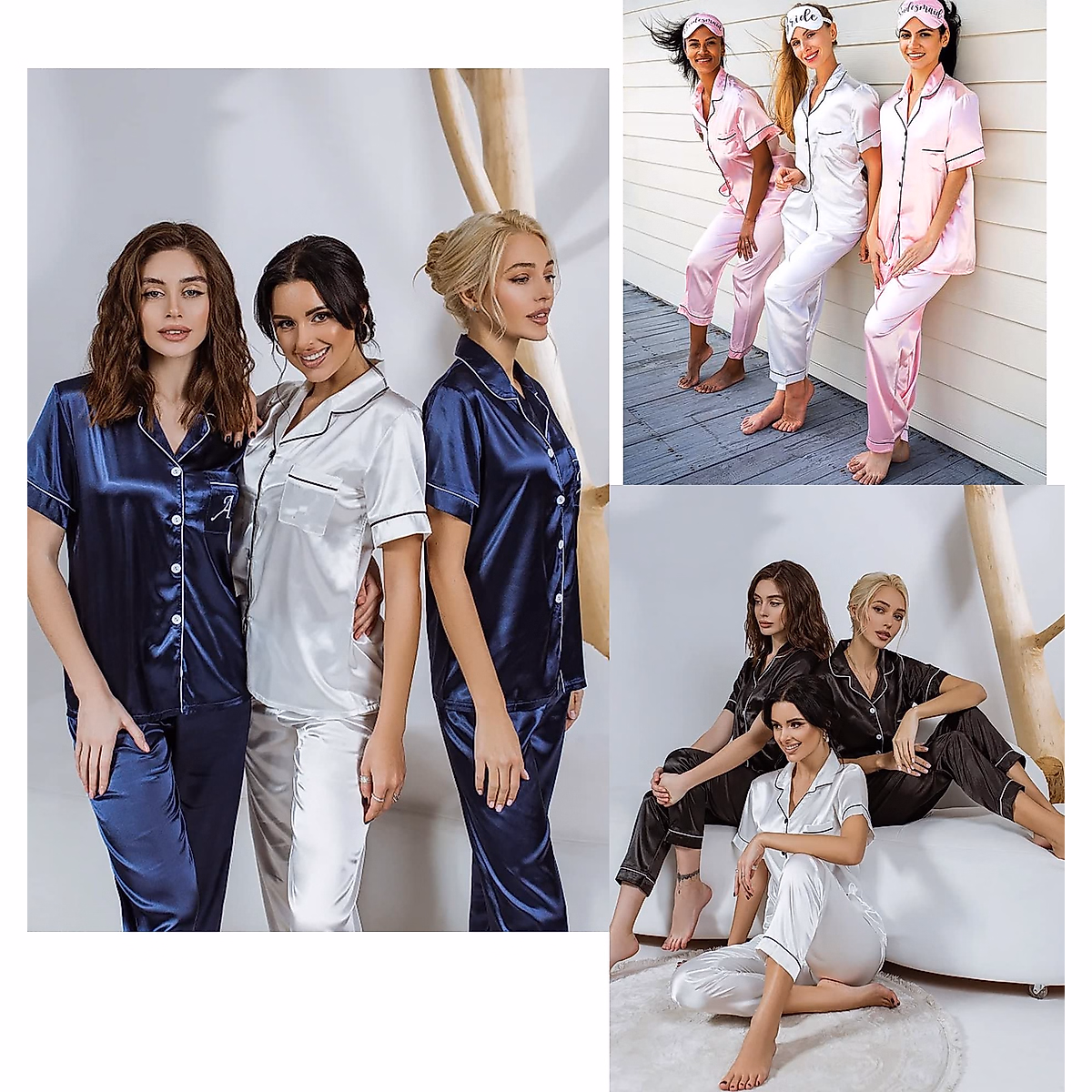 SWOMOG Womens 4 Piece Pajamas Silk Button Down Tops Satin Cami Tank Top Ruffle Shorts Lounge Sets Summer Pjs Soft Sleepwear