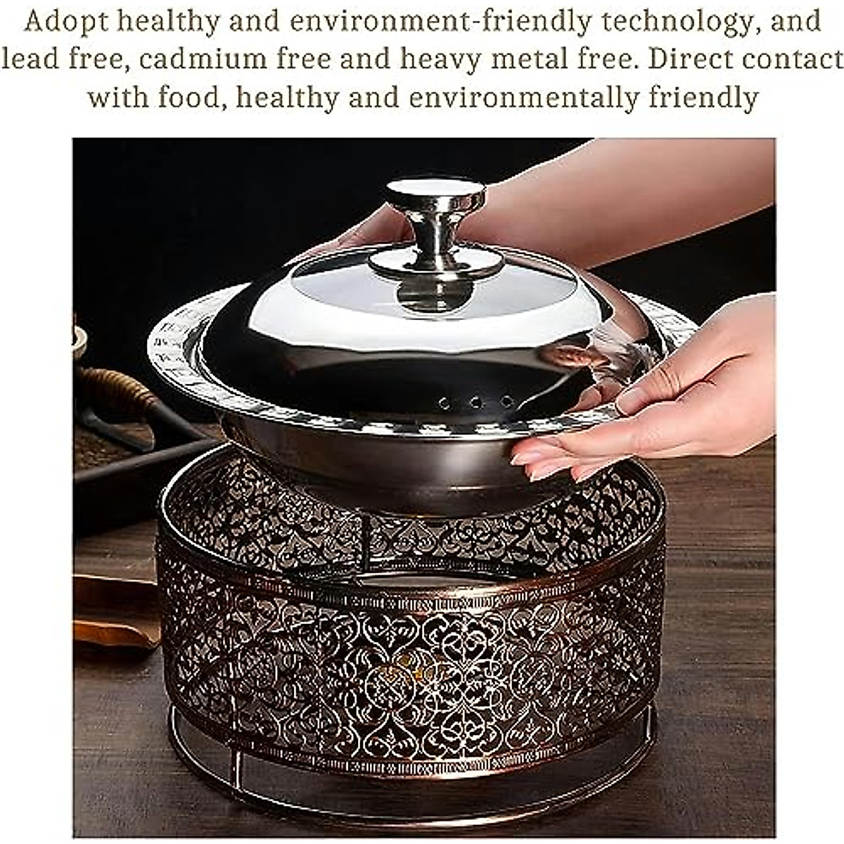 Retro Round Chafing Dish, 24/26/28/30cm Buffet Servers Warmers Tray with Food Pan, Lid and Fuel Holder, for Catering Party Banquet Dining