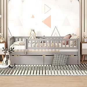 Polibi Full Size Daybed,Wood Full Day Bed Frames with Two Drawers and Safety Guardrails for Bedroom Living Room Kids Adults, Gray