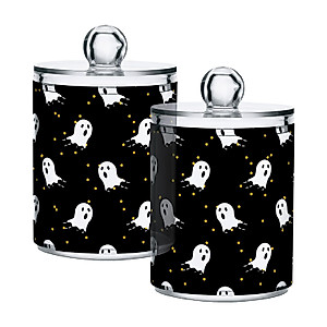 YETTASBIN Halloween Ghost Clear Plastic Apothecary Jars 2 Pack, 14 oz Qtip Holder Dispenser with Lid, Clear Bathroom Storage Canister for Cotton Ball, Cotton Swab