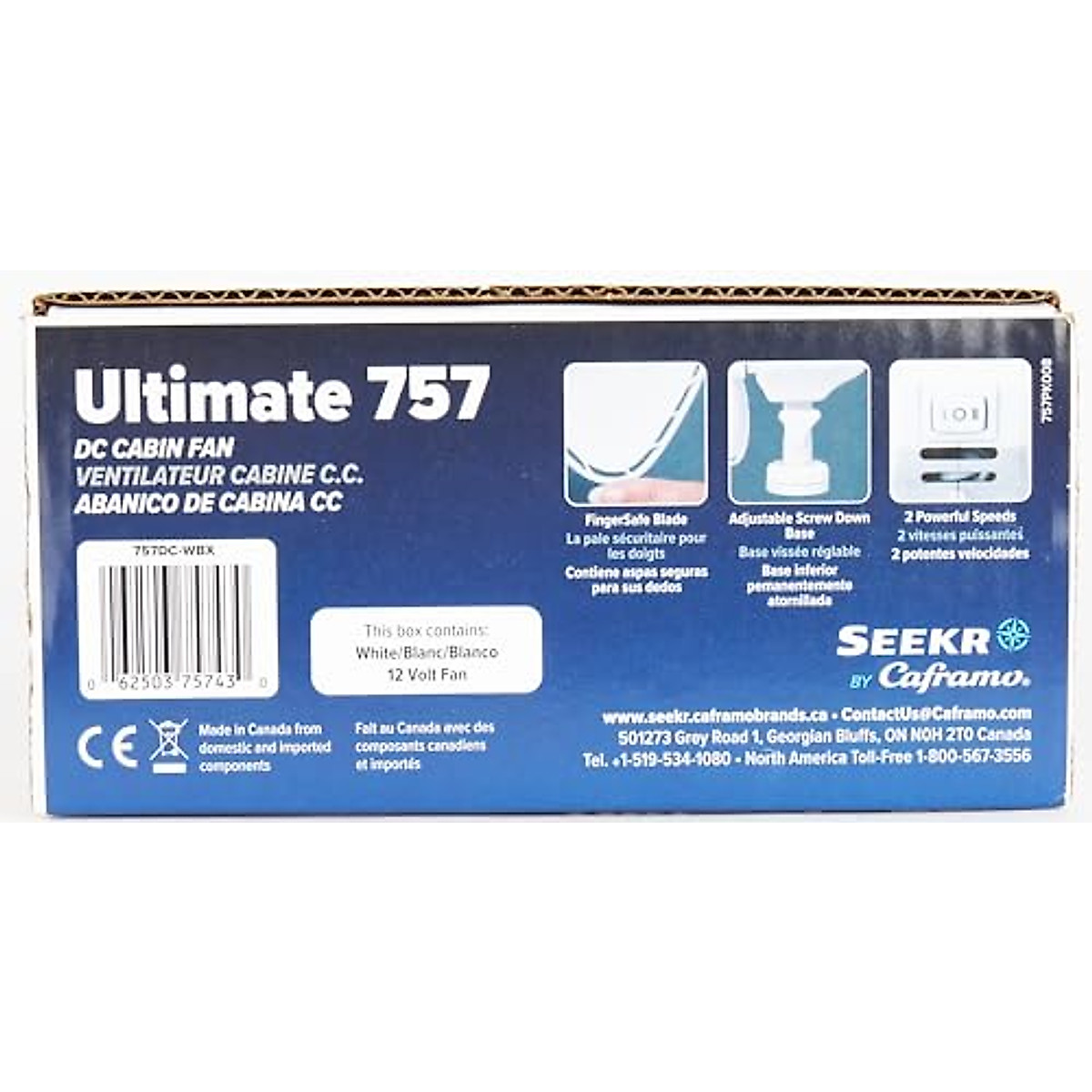 SEEKR Ultimate™ Fan from by Caframo. Grill-free, whisper-quiet 12V fan with shock-absorbing FingerSafe™ blades, 2-speeds, direct wire connection. Made in Canada. White.