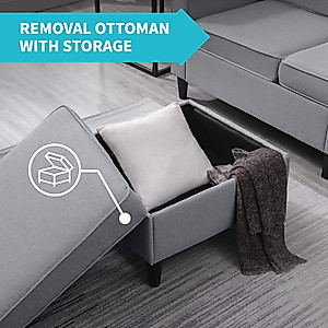 CECER 78" Convertible Sectional Sofa, L-Shaped Couch with Storage Ottoman, Modern Linen Fabric 3-seat Couche with Movable Ottoman, Chasie Lounge for Apartment/Living Room (Light Grey)