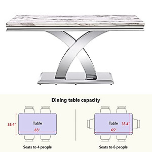 AZhome Dining Room Table, 65" White Dining Room Table, Grey Rectangle Tabletop and Silver Mirror Metal Double X Base, Modern Luxury Dining Table Set for 4 to 6 Dining Room