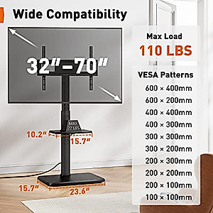 Perlegear Floor TV Stand with Power Outlet, Universal TV Stand for 32-70 inch TVs up to 110 lbs, Height Adjustable TV Stand with Swivel, Floor TV Mount Stand with Wood Base, Max VESA 600x400mm, PGFS06