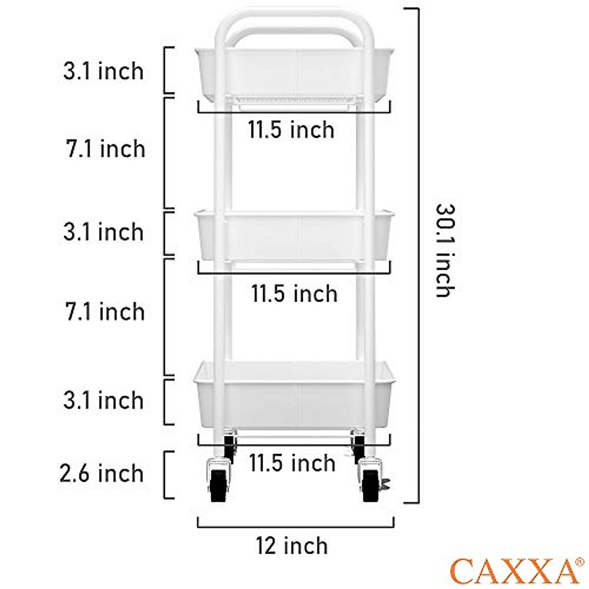CAXXA 3-Tier Rolling Metal Storage Organizer - Mobile Utility Cart Kitchen Cart with Caster Wheels, White