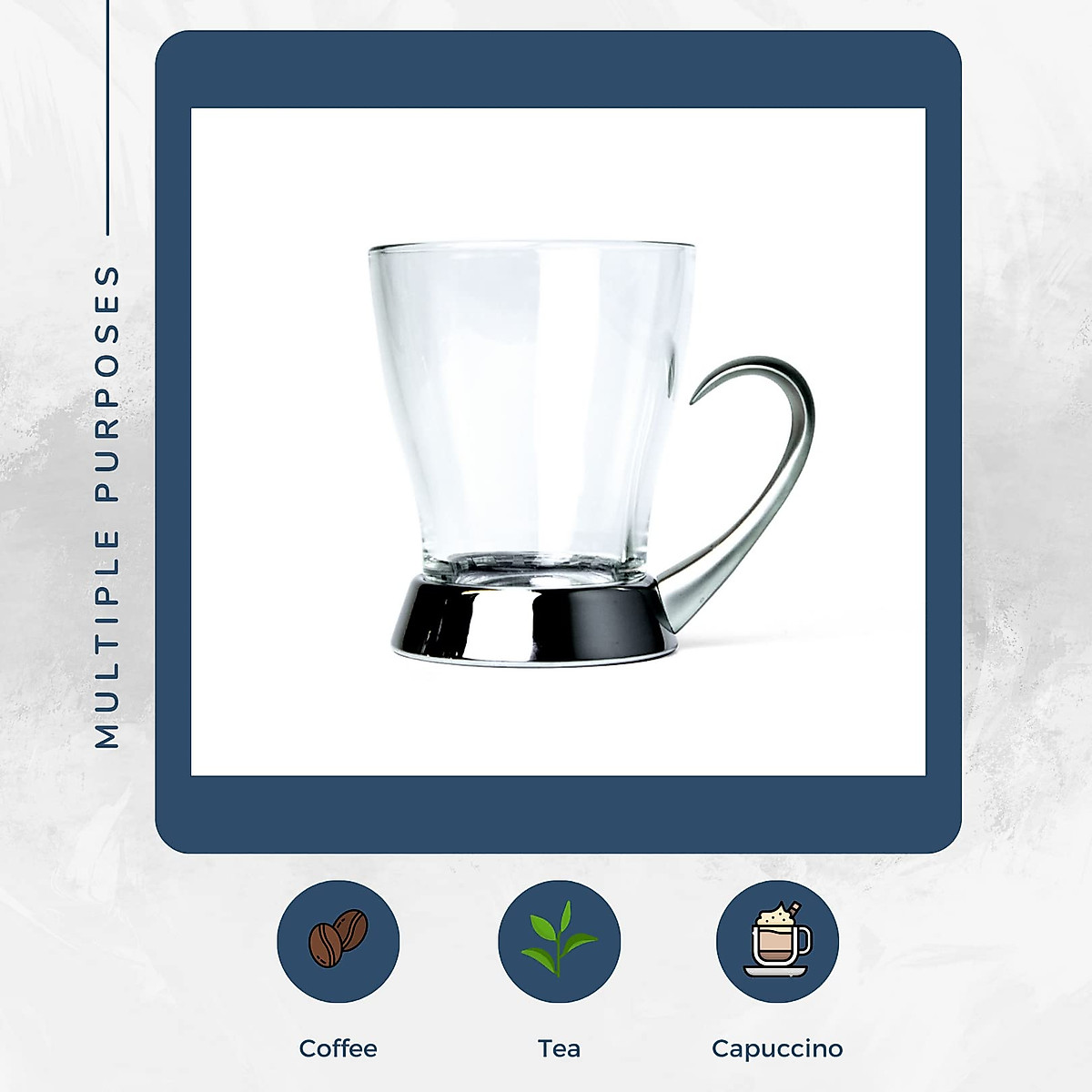 Rigeli Stainless Steel Set of 6 Tea Cups Glass Tea Cups With Stainless Steel Handle, 6.7 (oz), 200 (ml) Clear Coffee Mugs, Tea Glasses tea and coffee