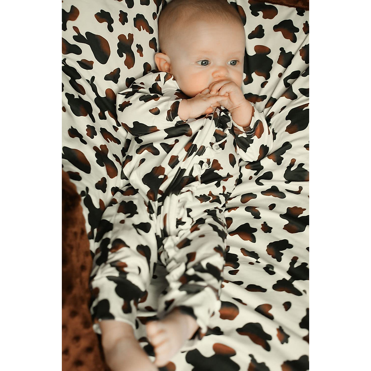 Newborn Baby Romper Clothes One Piece Toddler Unisex Creepers Romper ,Infant Tie Dye Print Zipper Front Kids Jumpsuit Rompers Clothes (Coffee Cow Print, 0～3Months)