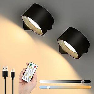 Lightess LED Wall Sconce with Rechargeable Battery Operated USB Port 3 Color Temp & 3 Brightness 360° Magnetic Rotation, 2 Pack, Touch & Remote Control Cordless Wall Lights for Reading Study Bedside